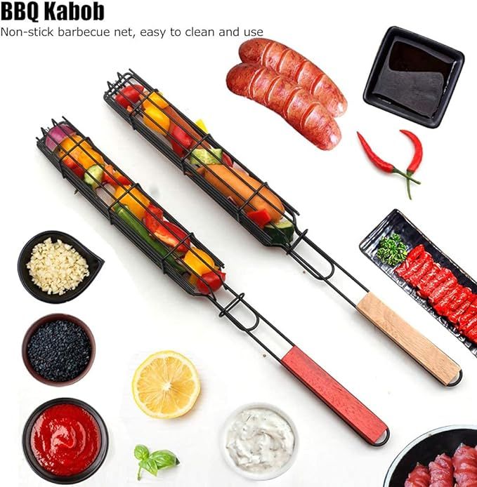 Single Kabob Baskets Grilling Basket, BBQ Long Handle Grill Basket Non ...