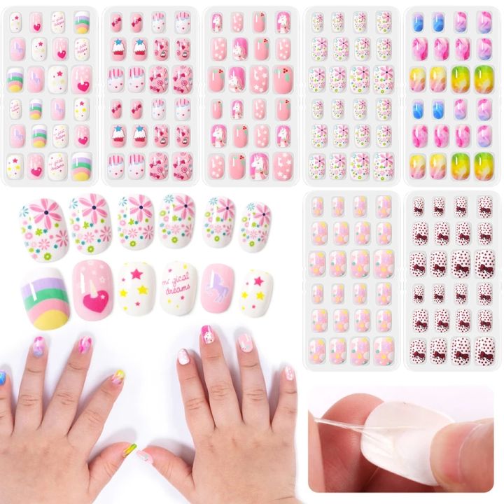 24 pcs Children Nails Kids Nails for Girls Full Cover Gradient Color ...