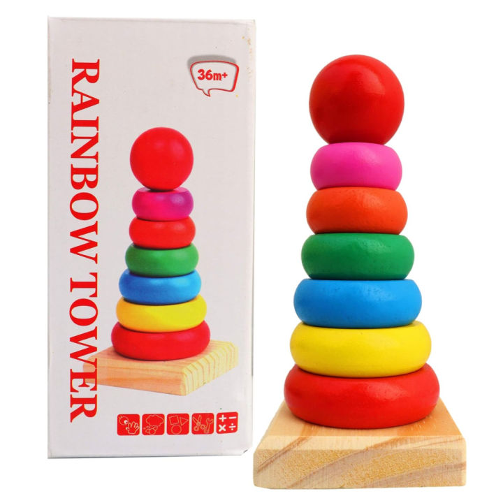 Colorful 6 Rings Wooden Rainbow Stacking Tower Toy | Daraz.pk