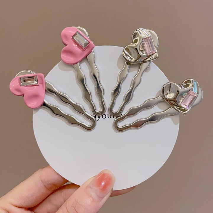 2pcs Sweet Girls Pink Love Crystal Hair Clips Y2K Women Cute Metal ...