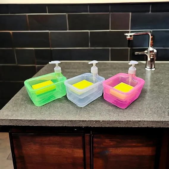 New Plastic 2 in 1 Liquid Soap Dispenser with Built-In Sponge Scrubber ...