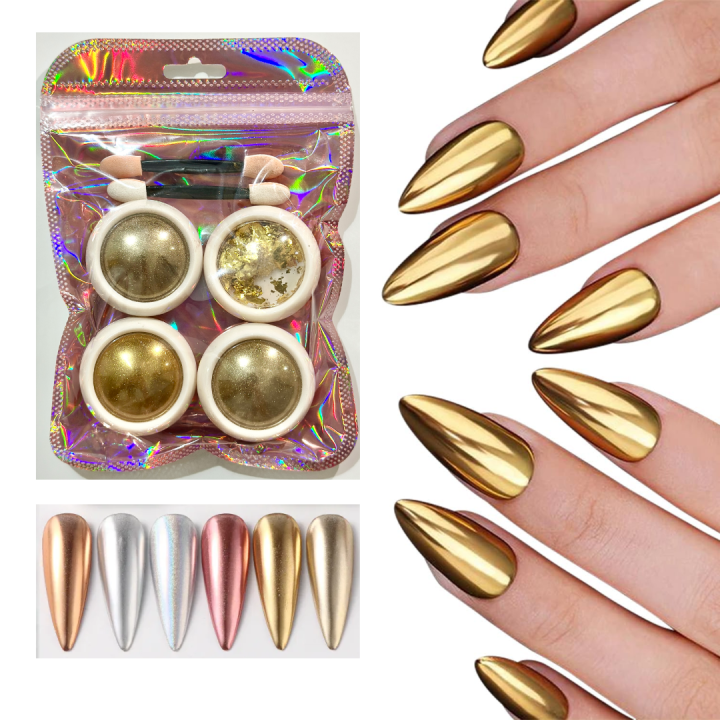4PCS Chrome Golden Metallic Magic Mirror Powder Acrylic Laser Nail Art ...
