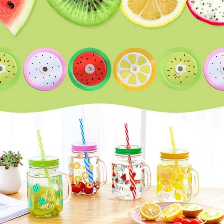 Multicolor Heat Resistant Fruity Glass Mason Jar Mugs Fruit Juice Cups with Lid and Straw For ...