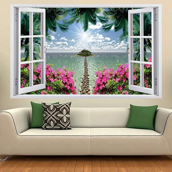 SK9020E 3D Waterfall Window Plant Landscape Wall Stickers DIY Vinyl ...