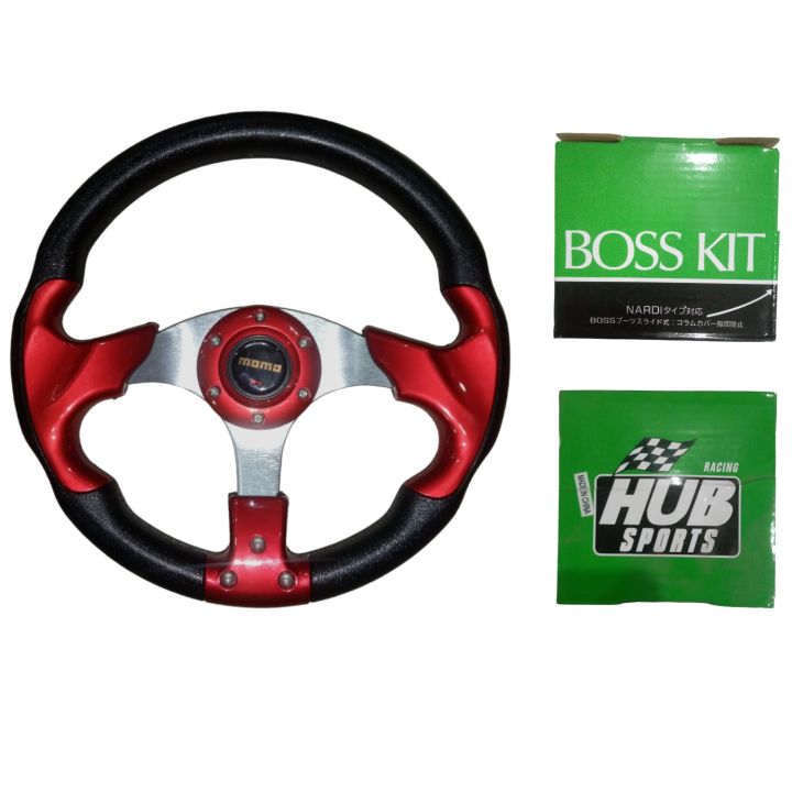 Universal MOMO Complete Sports Steering Wheel 350mm With Boss Kit - Red ...