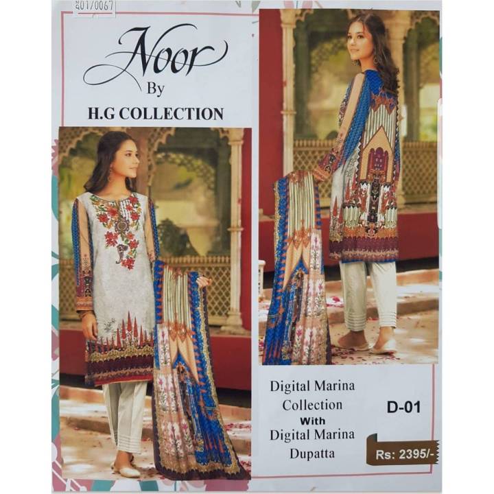 Noor Digital Marina 3 Piece Ladies Unstitched Suit/Dress with ...