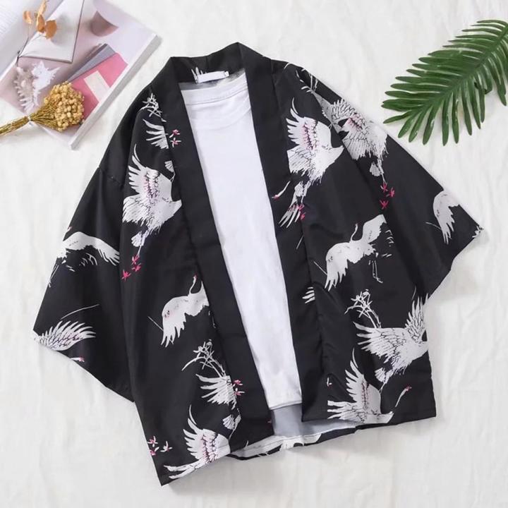 OIMG Casual Men Flying Crane Front Open 3/4 Sleeve Kimono Cardigan ...