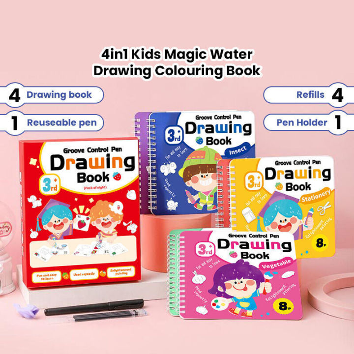 4in1 Kids Magic Water Drawing Colouring 8 Pages Children Learning Book ...