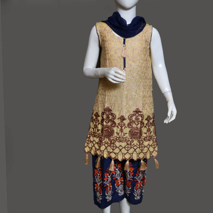 Embroidered Stitched 3 Pc Dress With Sleeves For Girls | Daraz.pk
