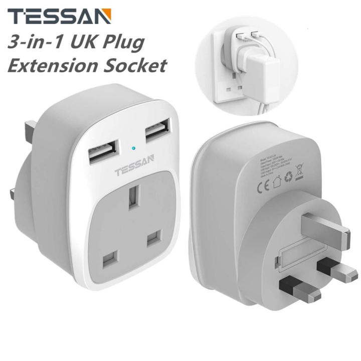 TESSAN Power Socket Adaptor With 2 USB Fast Charger + UK 3 Pin Plug ...