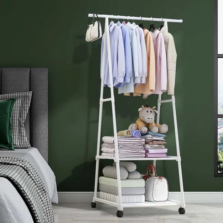 Clothes Hanging Stand with 3 Layers Storage Shelves & Double Hooks ...
