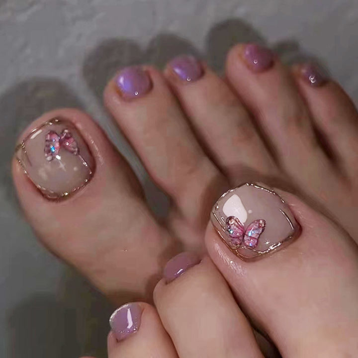 24Pcs/box crystal flower foot False Nails With Glue Sticker Elegant Art ...