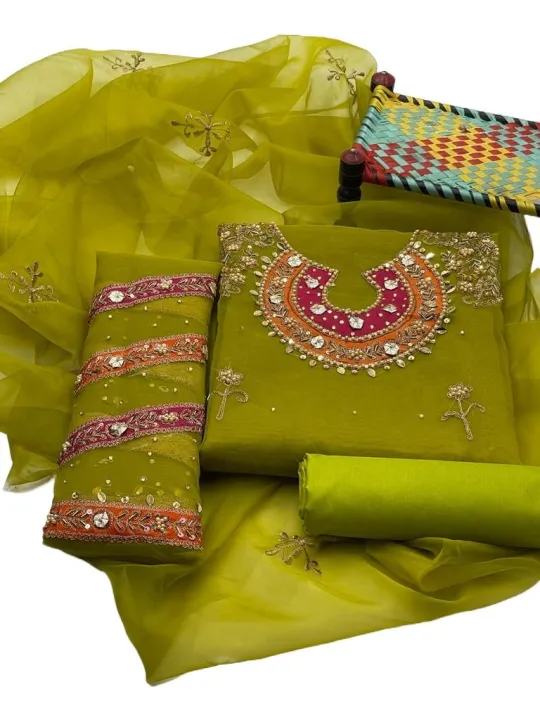 Women Fashion Party Wear Wedding Suit Organza Base Heavy Multi Applic ...