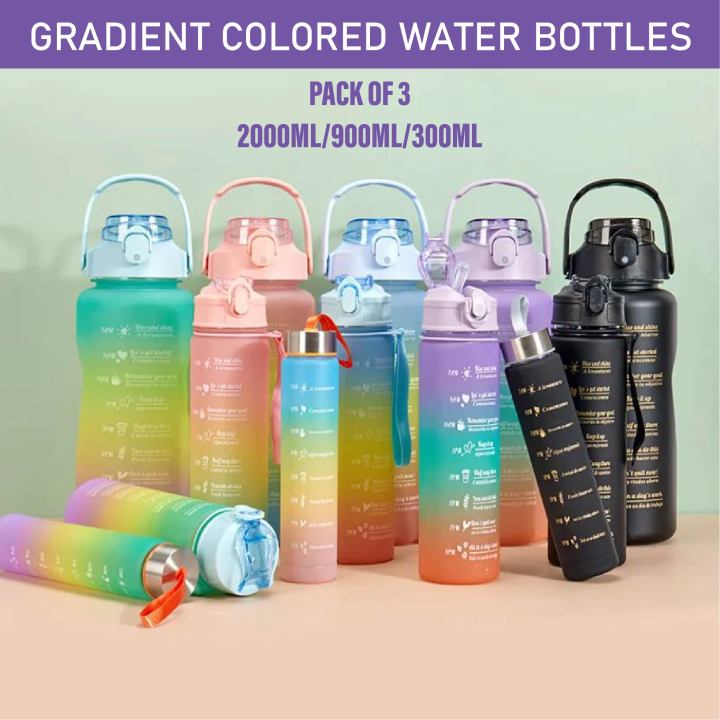Motivational Water Bottles Set 2000ML/900M/300ML Gradient Water Bottles Portable Plastic Water ...