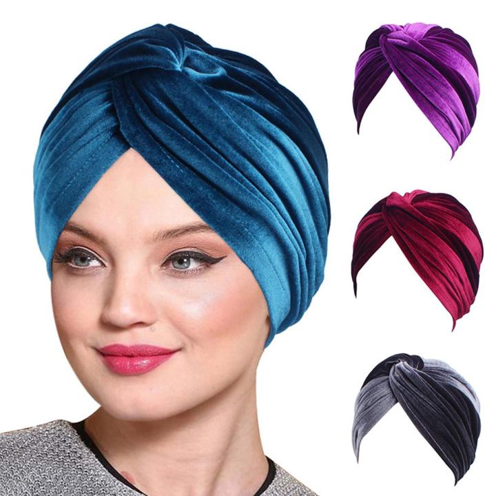 Women's Velvet Turban Hat Soft Stretch Cross Twist Cap Muslim Head ...