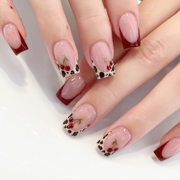 JP3670 24PCS Cherry Print Square Fake Nails Pink | Daraz.pk