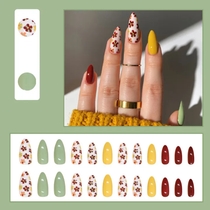 24Pcs Flowers Spring Summer Fake Nails with Glue DIY Art Design False ...