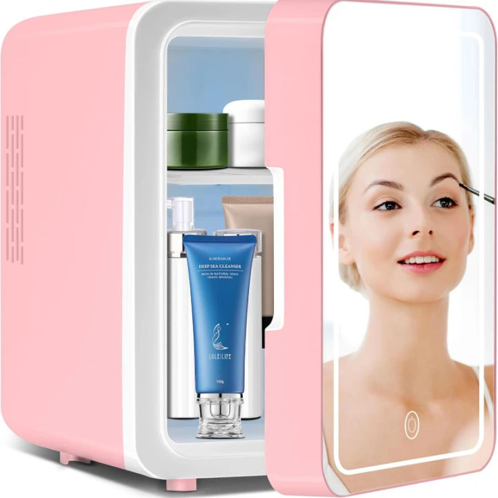 Skincare Refrigerator with Dimmable LED Light Mirror, 4L Mini Makeup ...