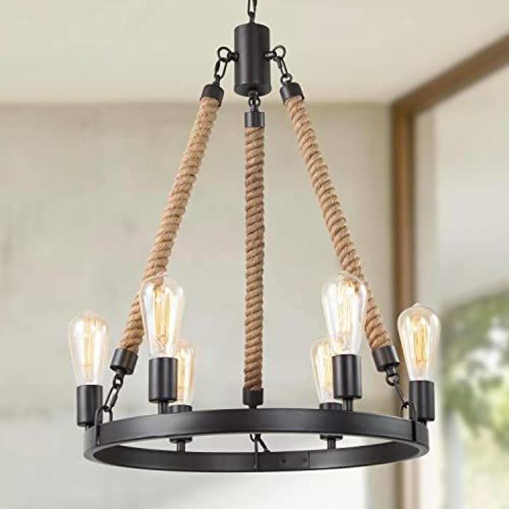 6 lights Chandeliers, Round Rope Light Fixture for Dining Room, Living ...