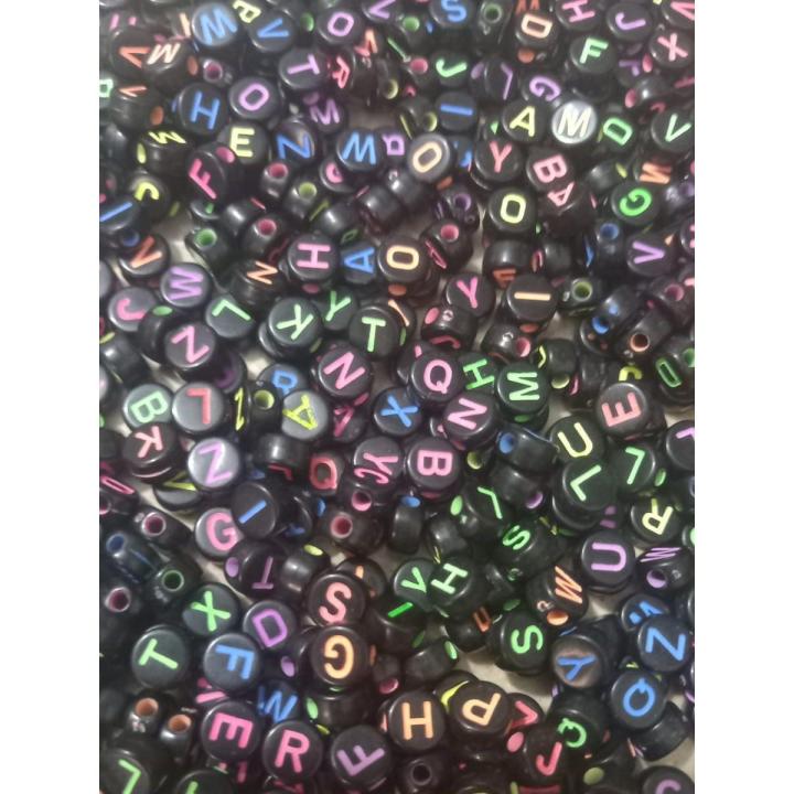 200 Pcs/Lot Round Shape Black Alphabet Beads with Neon Writing For DIY ...