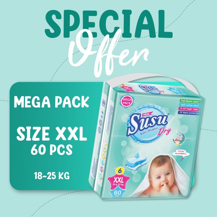 Susu Dry Diapers Mega Pack | Size XX Large | 60 Pcs | Daraz.pk