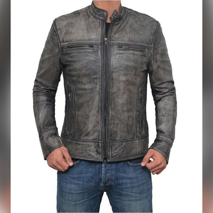 Leatherly DARK GREY QUALITY WAXED MENS REAL CAFE RACER LEATHER JACKET ...