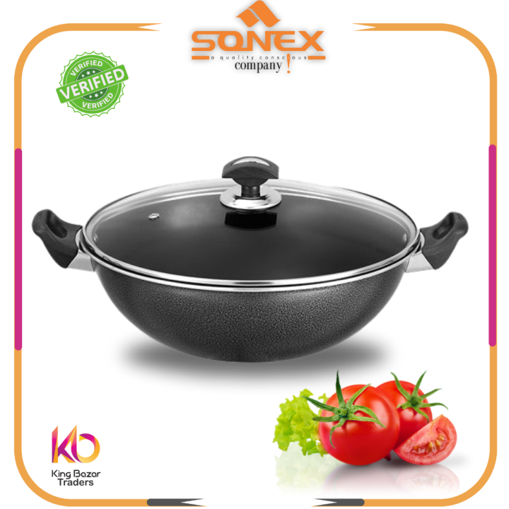 Sonex Non Stick cookware Cooking Wok With Glass Lid - Black | Daraz.pk