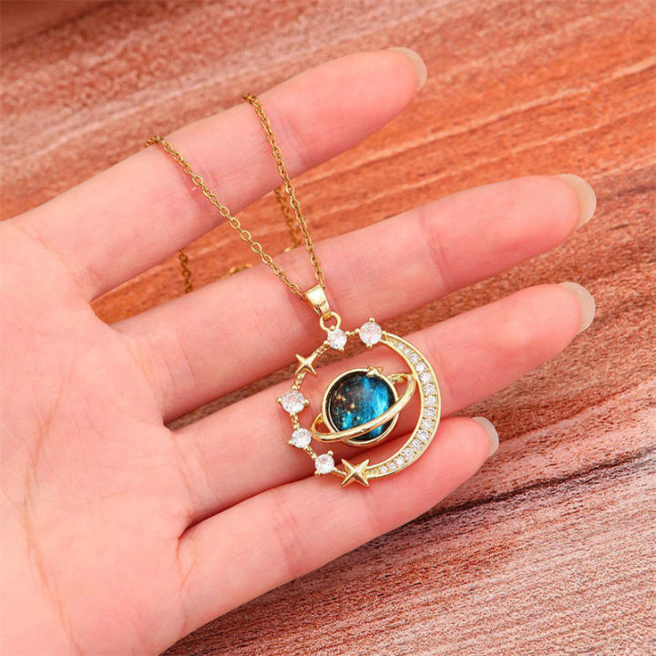 Exquisite Blue Starry Sky Planet Pendant Necklace Light Luxury Zircon ...