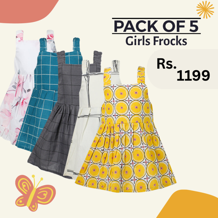 Pack of 5 Frocks for Girls | Multi-color (Random Design) Frocks for ...