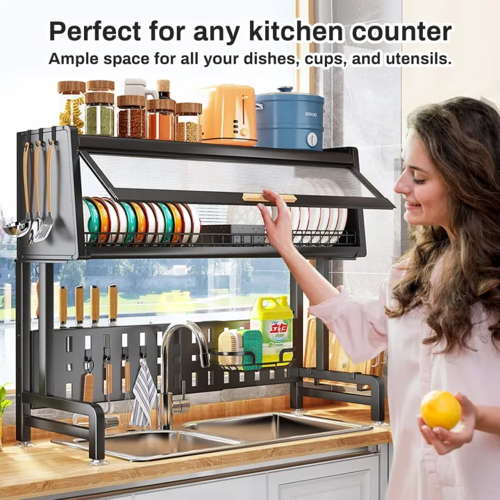 Open & Covered Dish Drying Rack Over Sink – Large 85cm Kitchen Dish ...