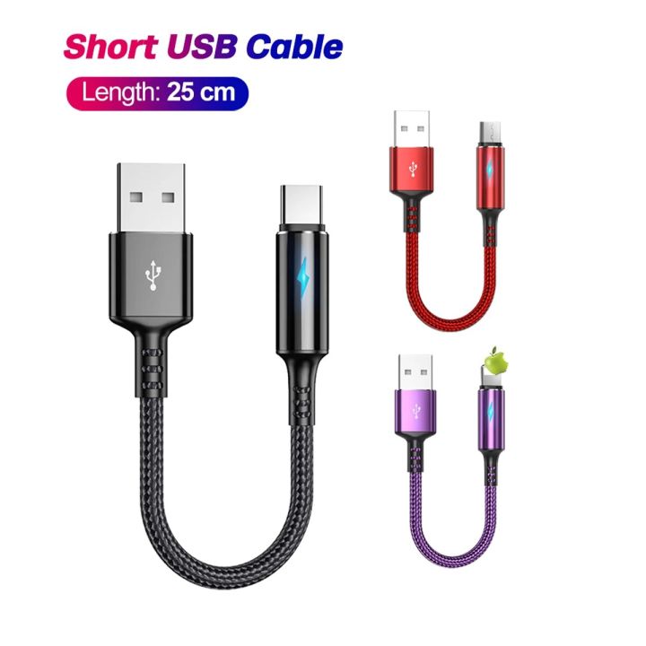 25cm Short Nylon Charger Data Cable Micro USB Type C Cables For iOS ...