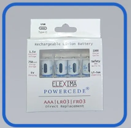 Rechargeable cell, AAA type, Elexima POWERCEDE , usb-c rechargeable ...