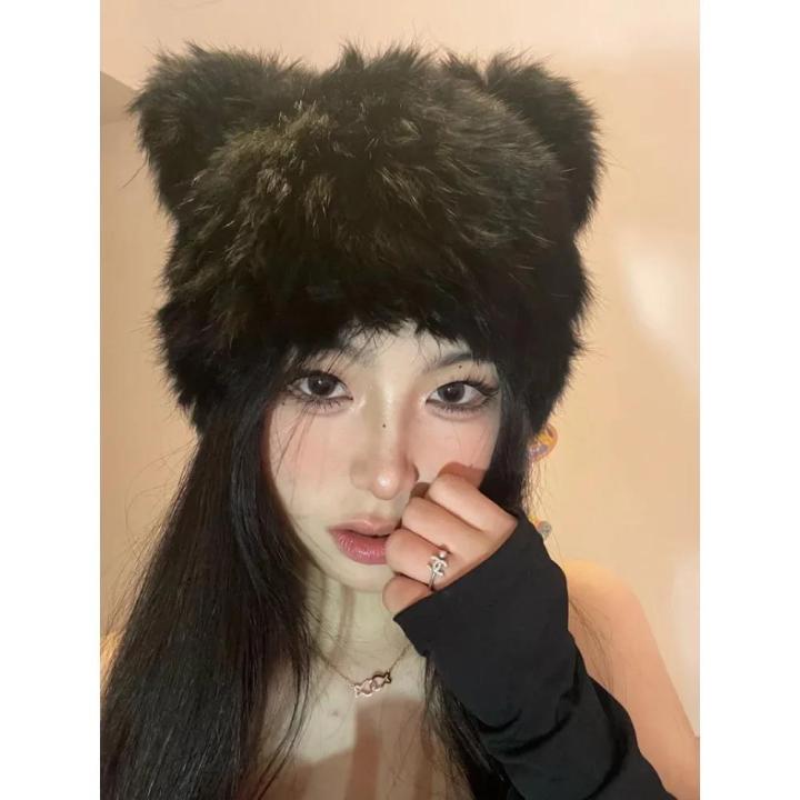 Yeah Keniaoet Black Bear Ears Rabbit Fur Hat Cute Plush Wrap Head Cap ...