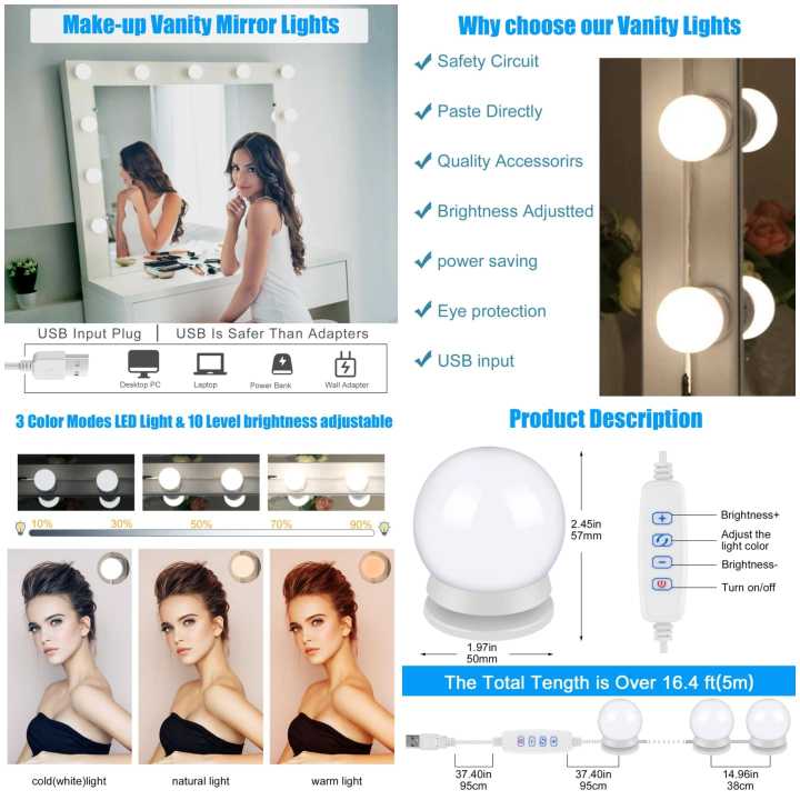 Vanity Mirror Fill Light Adjustable Luminance 3 Colors LED USB Wall ...