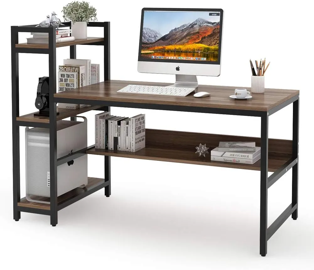 Dark Walnut 4-Tier Computer Table with Storage Shelves - Office Desk ...