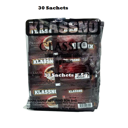 Klassno Classic 100% Pure Soluble Coffee in Granules Pack of 30 Sachets ...