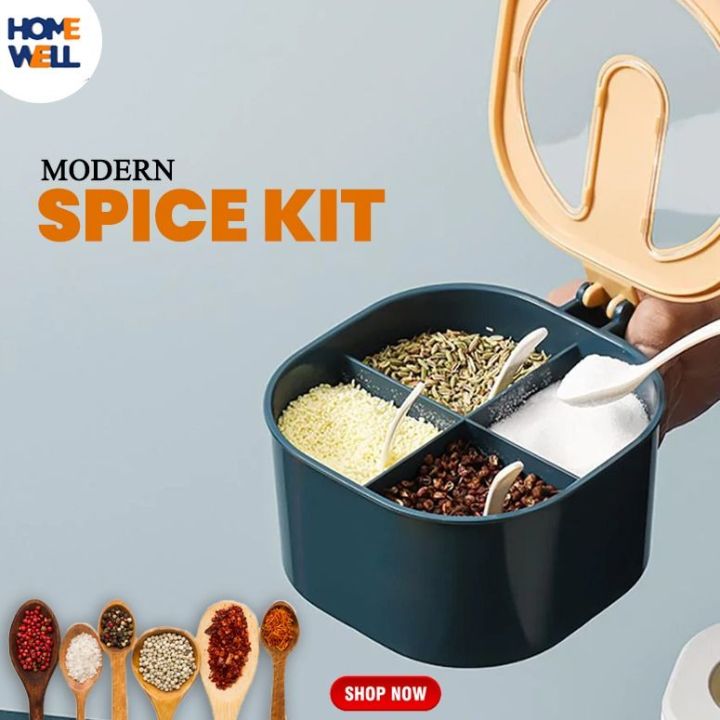 Home Well 4 Gird Masala Partition Box with Spoons and Lid 4 in 1 Spice ...