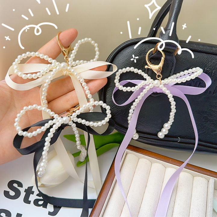 4Colors New Korean Sweet Pearl Bow Keychain Heart Pendant Keyring Y2K ...