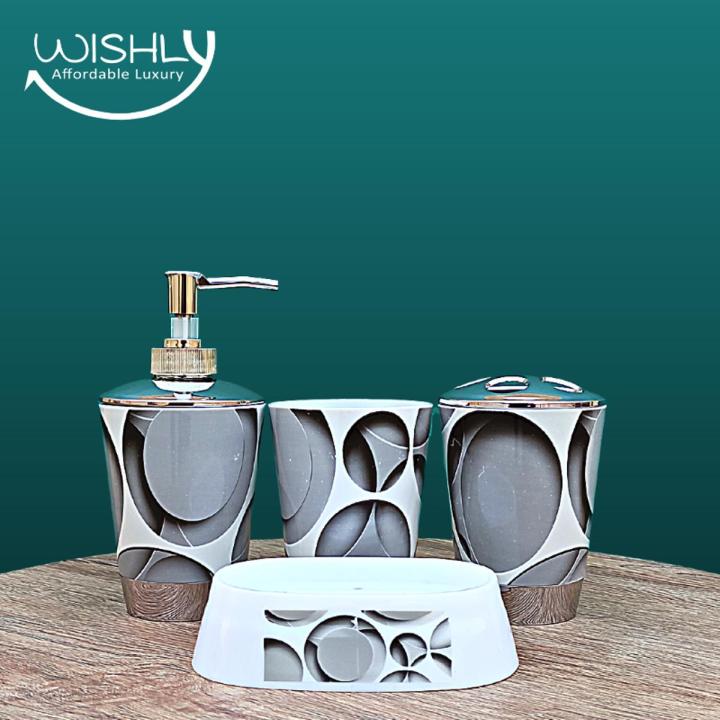 Wishly Plastic Bathroom Accessory 4 Pcs Set Printed Mod Grey Ring Chrome Design Soap/Hand wash ...