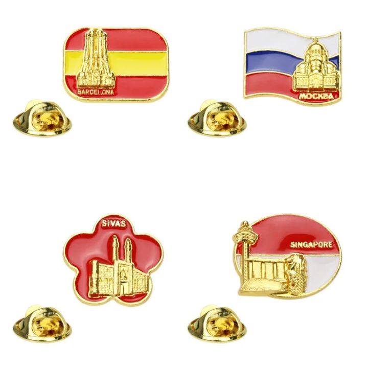 Spain Russia Turkey Singapore Flag Brooch Pins ES RU TR SG Barcelona ...