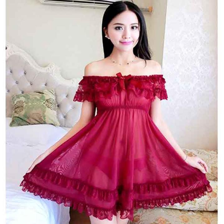 Bridal Sexy Maroon Nighty By Ace | Daraz.pk