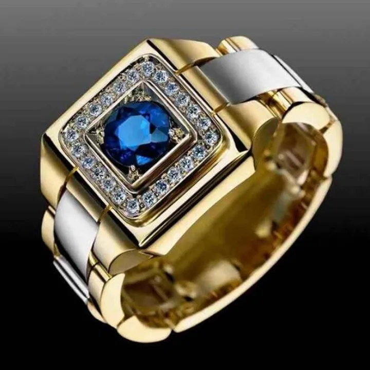 RisingMoon Jewelry Gold Gefullter Ring Men's Square Blue Created ...