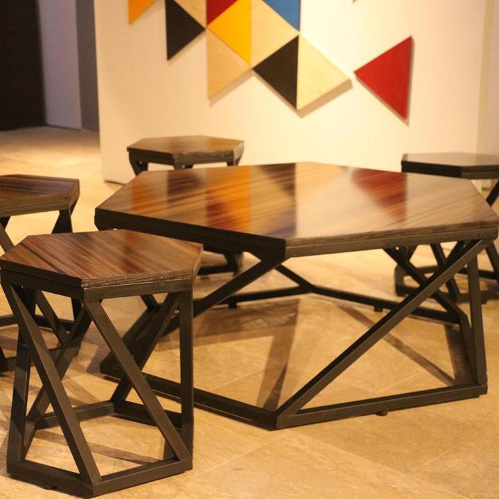 Hexagon Table Set with Center Table and Side Table - Wooden Coffee ...