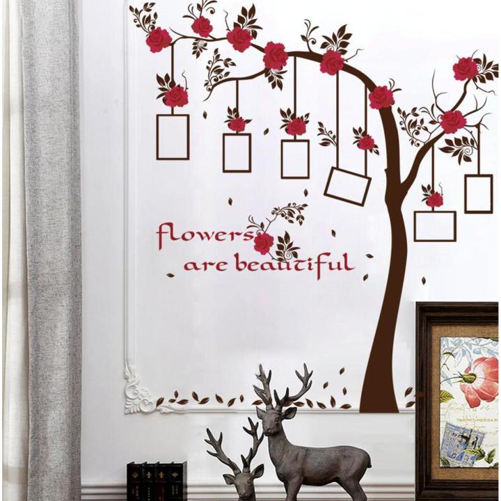 SK9086 New Chic Family Red Flowers Photo Frame Tree Wall Sticker Living ...