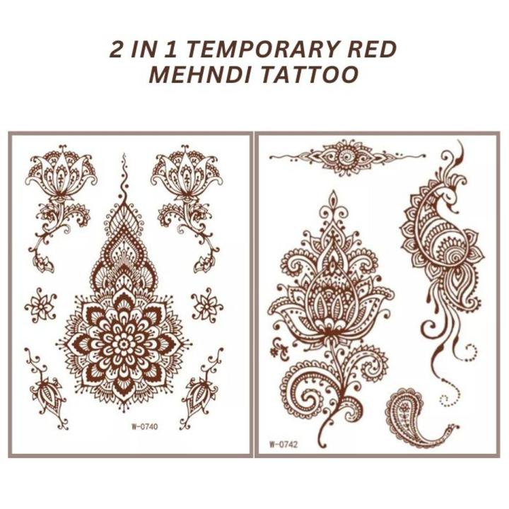 2 in 1 Red Brown Waterproof Temporary Henna Tattoo Stickers - Mehndi ...