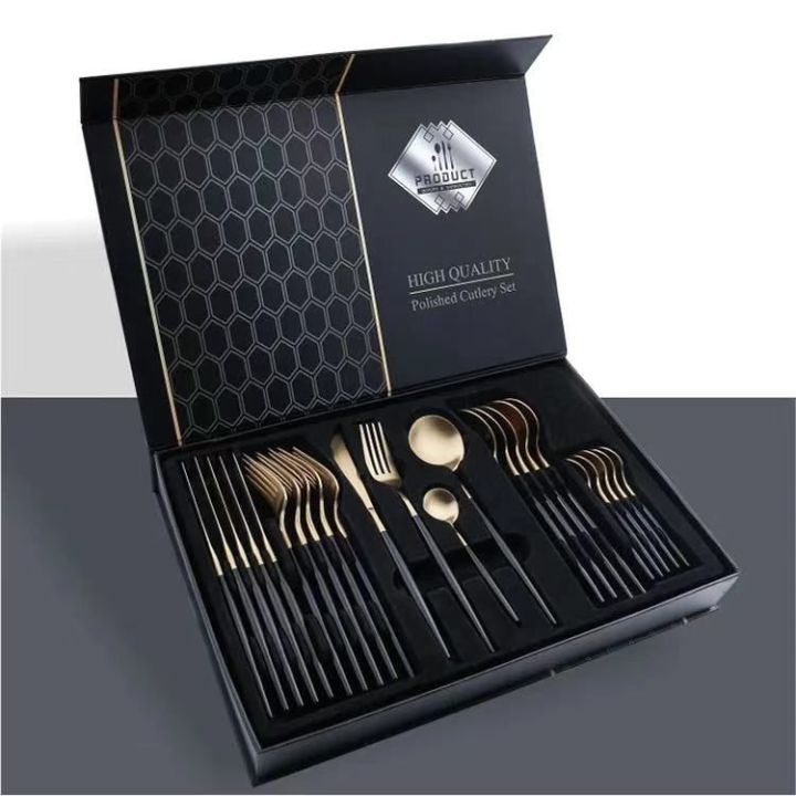 24 Pcs Premium Black and golden Stainless Steel Cutlery Set with Box ...