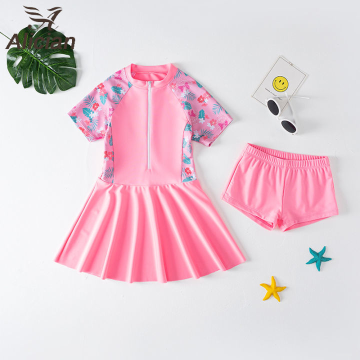 Alician 2-piece Kids Girl Split Swimsuit Swimwear Short Sleeve Skirt ...