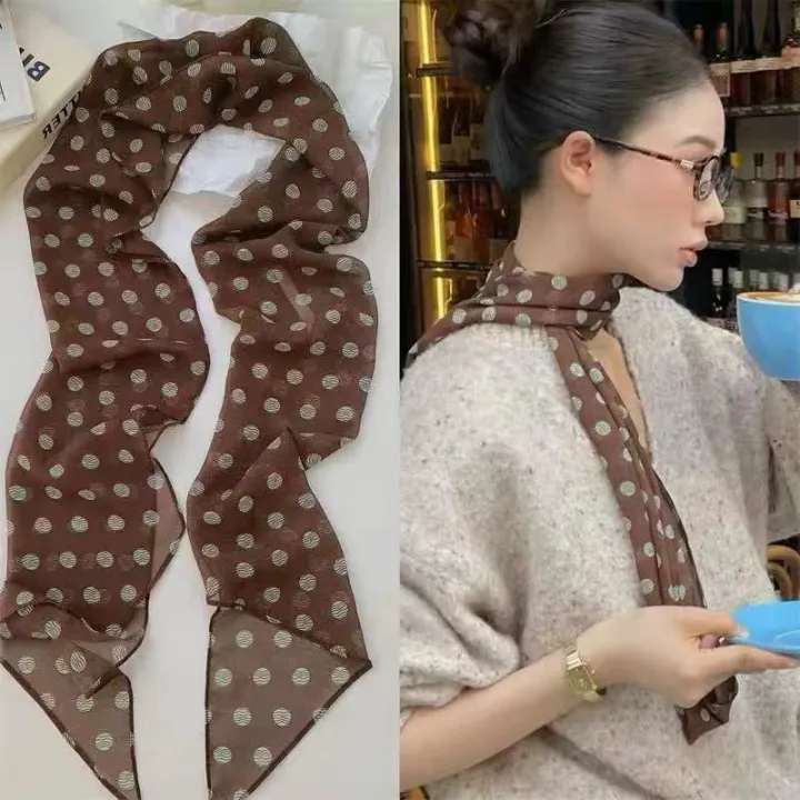 French retro exquisite polka dot long silk scarf women's high-end sense ...