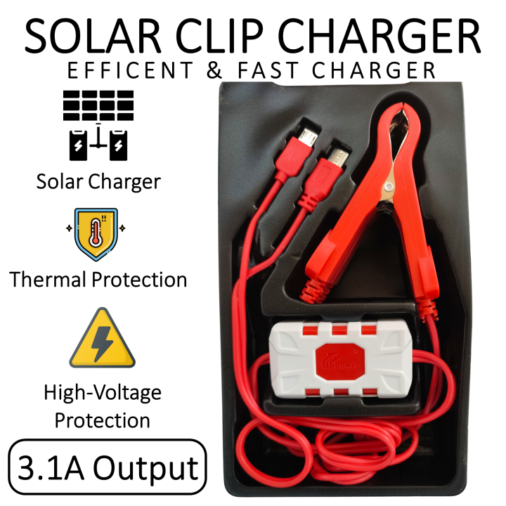 Hi-Power Solar Clip Charger 3.1A, 12-24V, with Type-C & Micro Cable ...