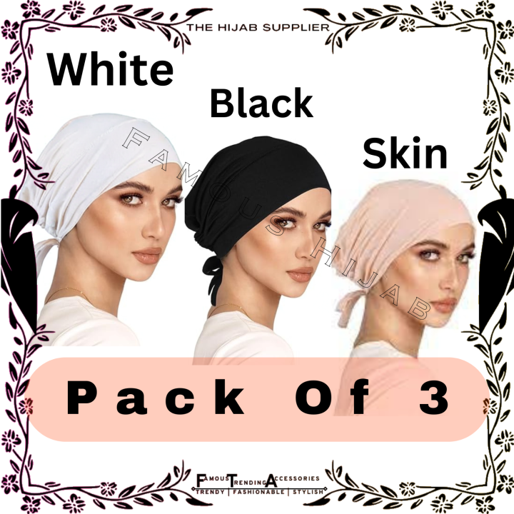 Pack of 3 , 1 Plain Inner Hijab Caps - Tie Back Underscarf Caps - Dori ...